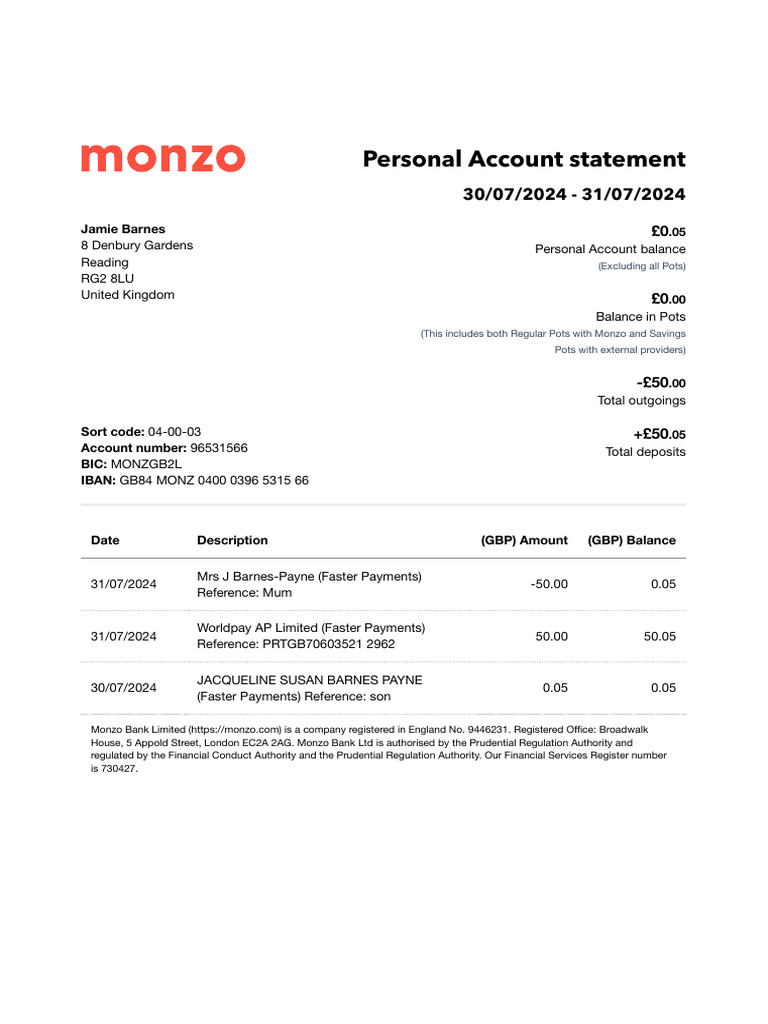 Monzo - Bank - Statement - 2024 07 30 2024 07 31 - 3411 | PDF