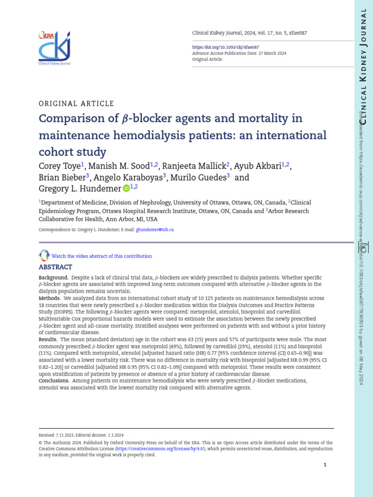 Beta Blocker in Hemodialysis | PDF