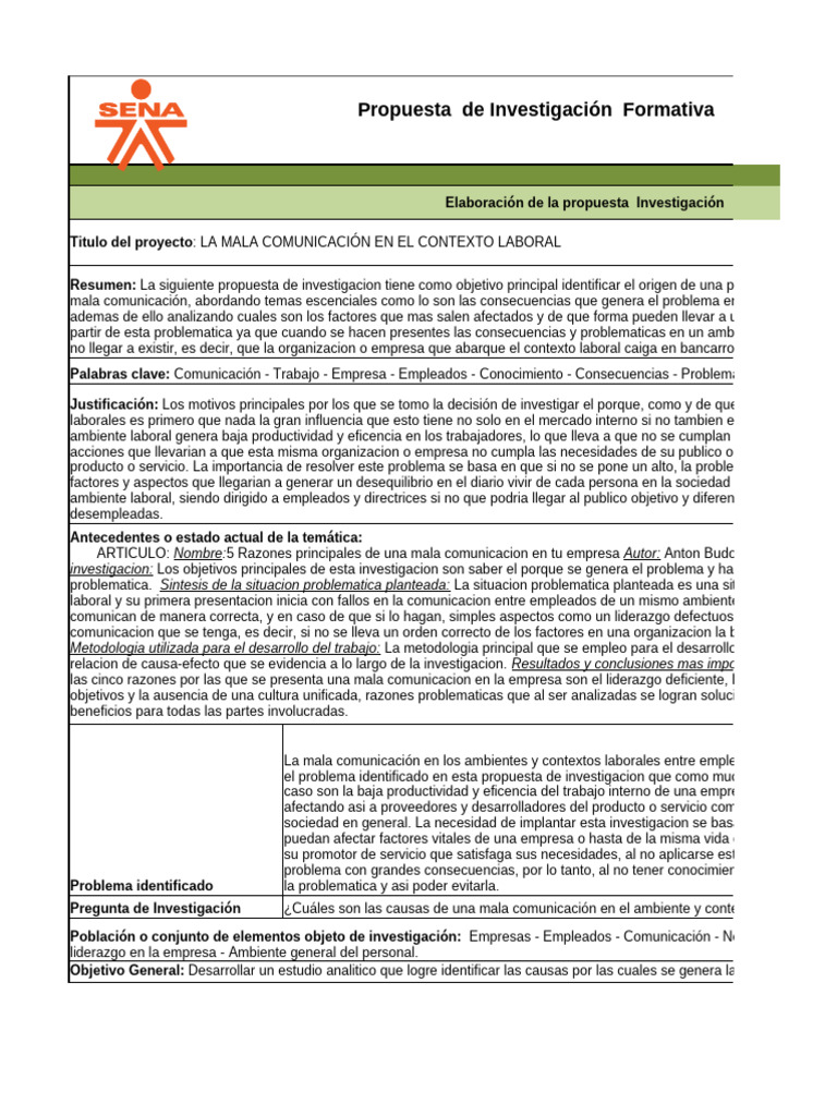 Formato Propuesta de Investigacion Formativa | PDF