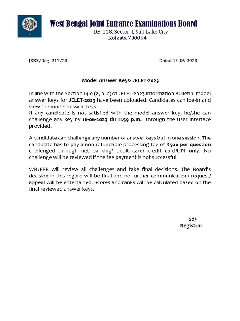 Notice Model Answer Key JELET 2023 | PDF