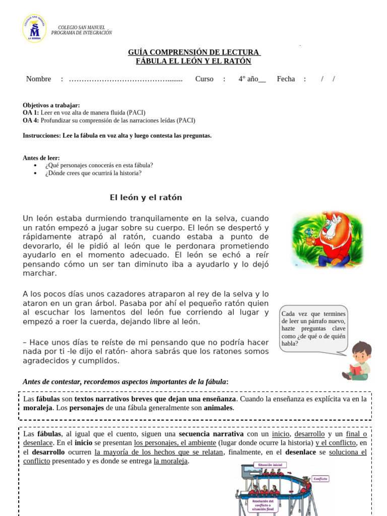 Guía Comprensión de Lectura Fábula El León y El Ratón | PDF