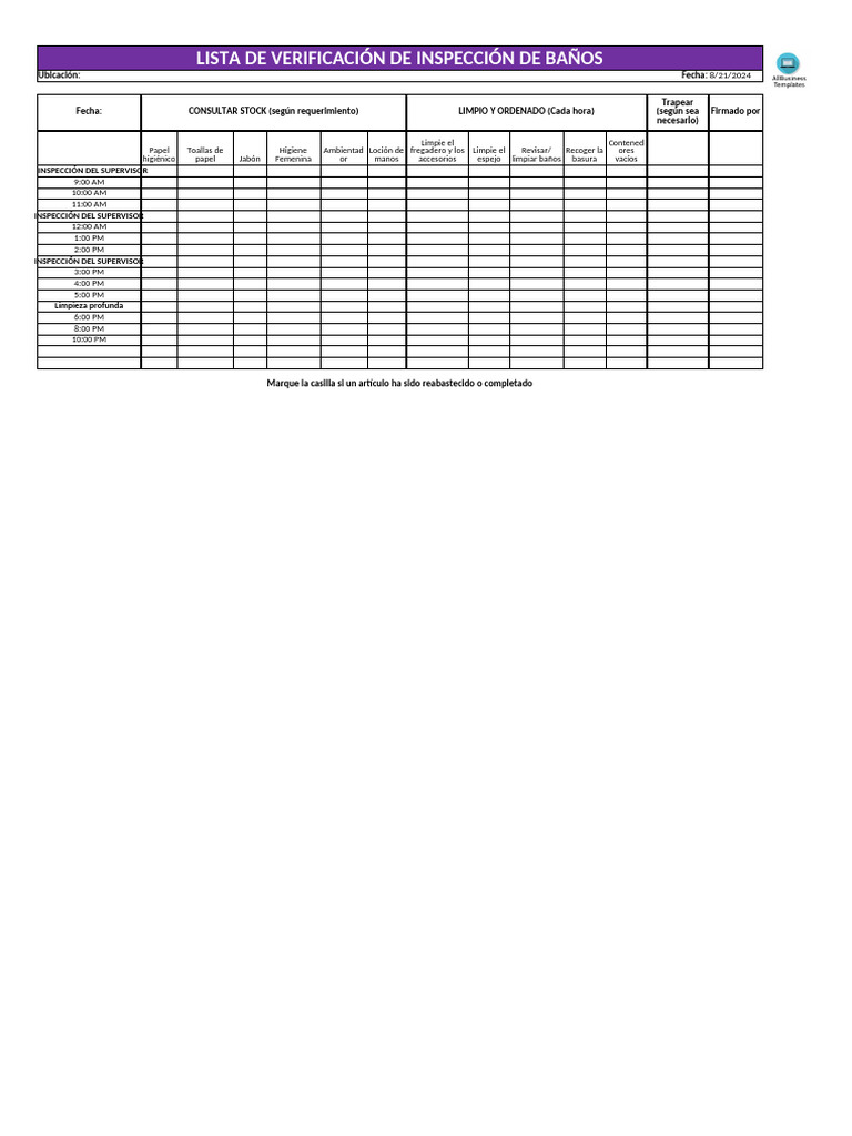 Washroom Inspection Checklist Excel Akbkc Sp 1 PDF