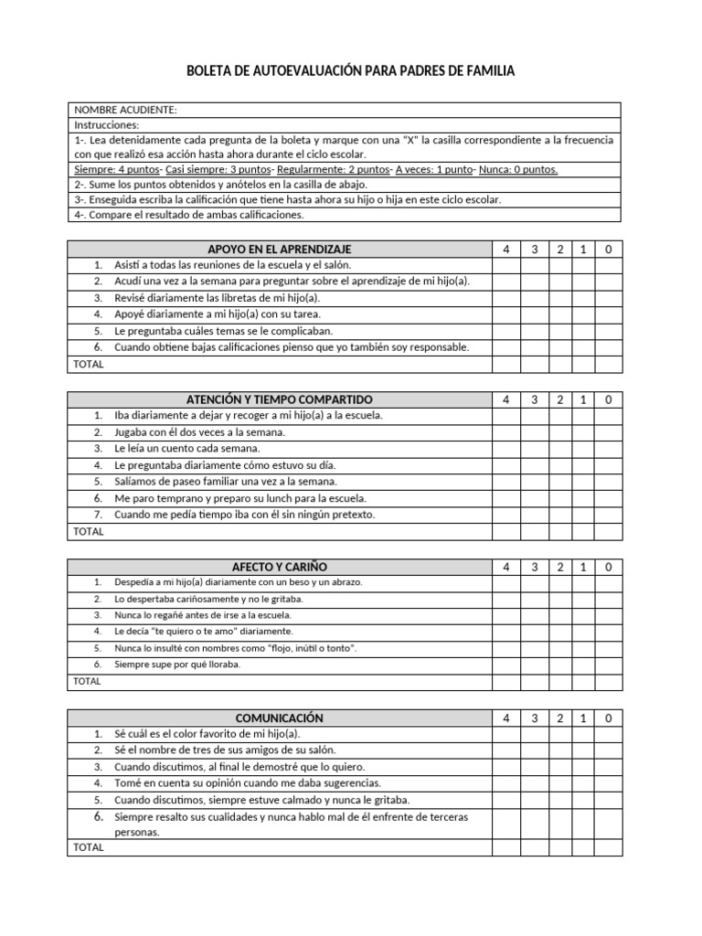 Boleta de Autoevaluación Padres de Familia | PDF
