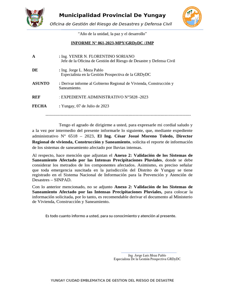 INFORME - 61- 2023-SGDGRD - ENVIO MVCS | PDF