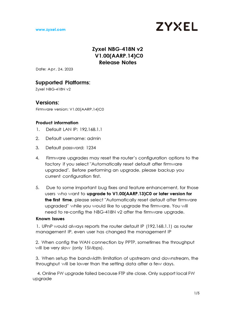 NBG-418Nv2 V1.00 (AARP.14) C0 Release Note | PDF