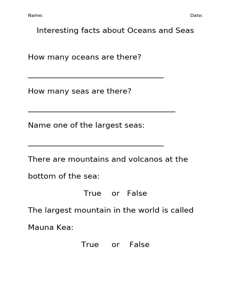 Interesting Facts About Oceans and Seas Worksheet | PDF