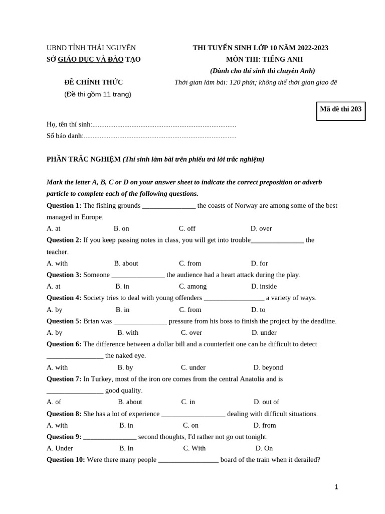 Đề thi chuyên Anh Thái Nguyên 2022-2023 | PDF