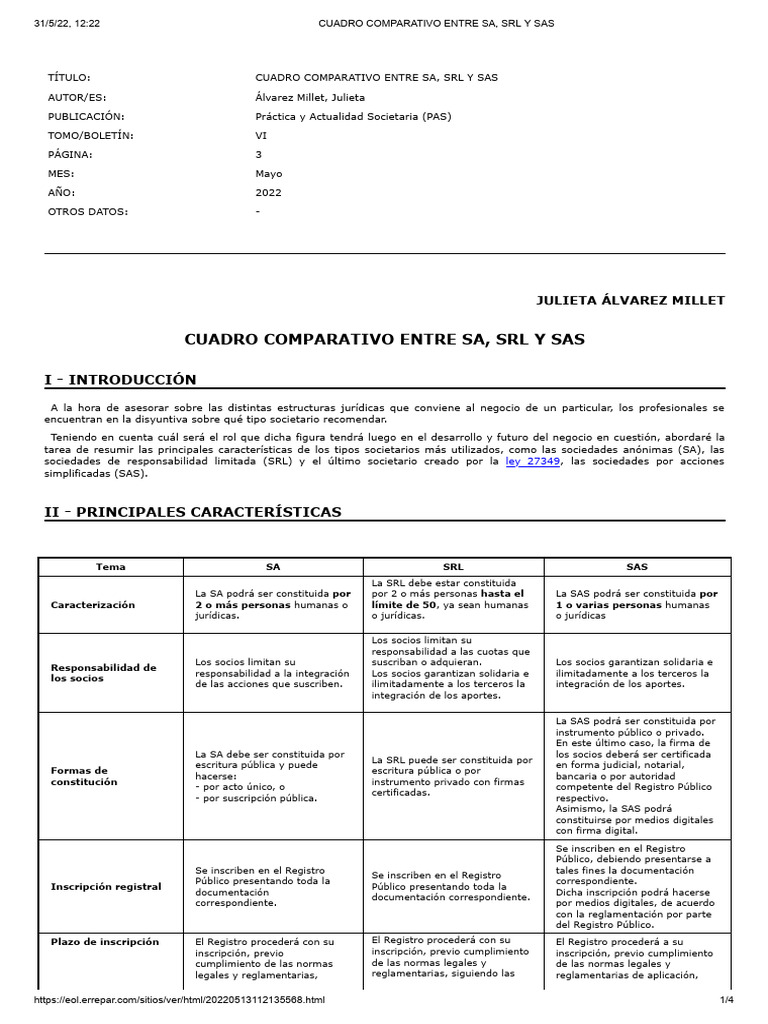 Cuadro Comparativo Entre Sa, SRL y Sas | PDF