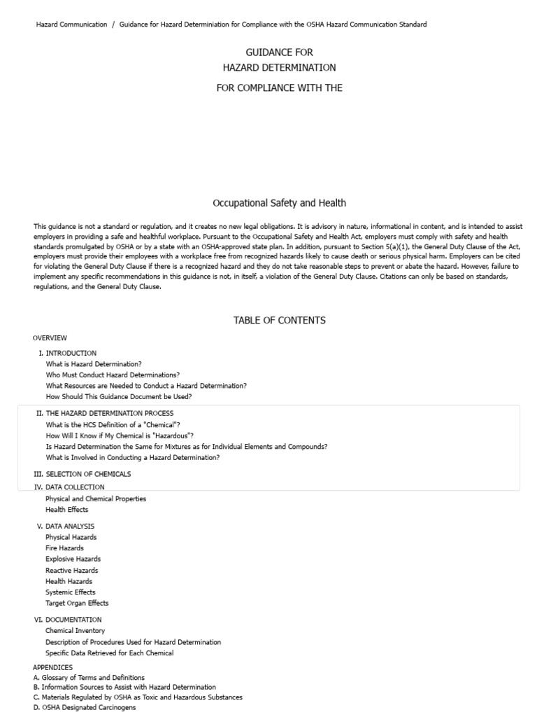 Guidance For Hazard Determination For Compliance With The OSHA Hazard ...
