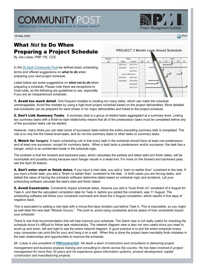 What Not To Do When Preparing A Project Schedule | PDF