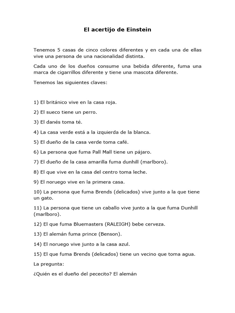 ACTIVIDAD El Acertijo de Einstein Y 4 PAREJAS | PDF