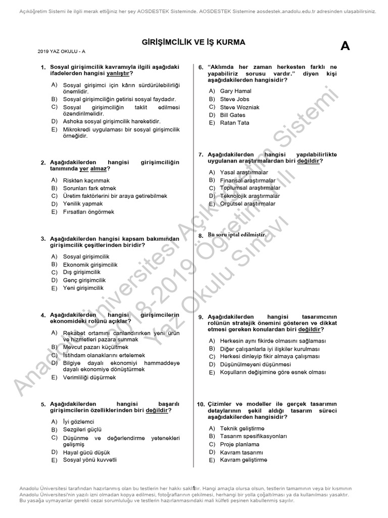 2019 Yaz Okulu - A1 | PDF