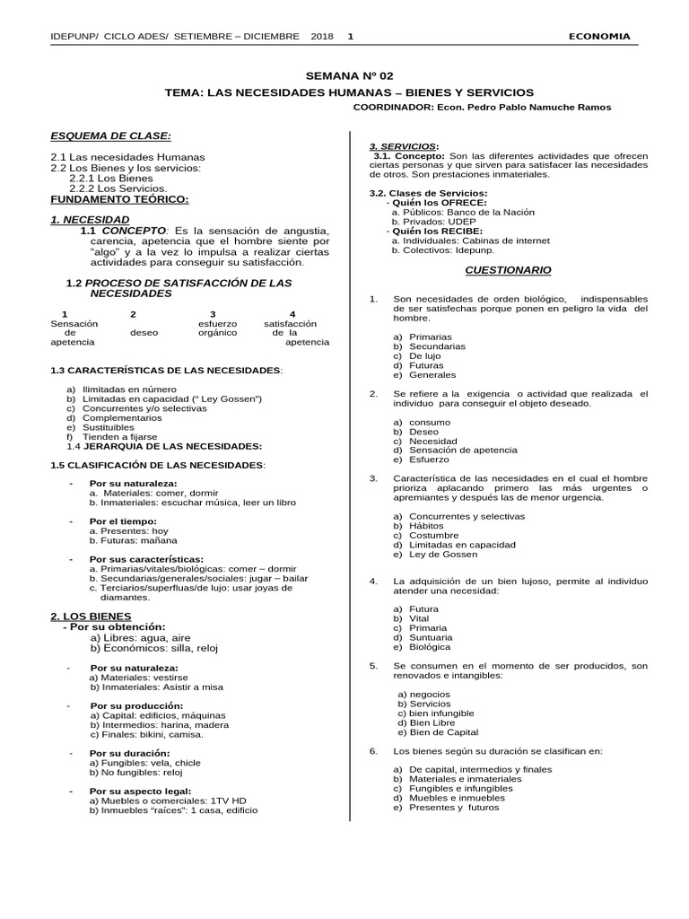 19 DE AGOSTO FICHA DE APOYO NECESIDADES HUMANAS, BIENES Y SERVICIOS | PDF