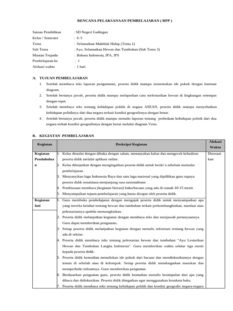 RPP Daring Kelas 6 Tema 1 ST 3 | PDF