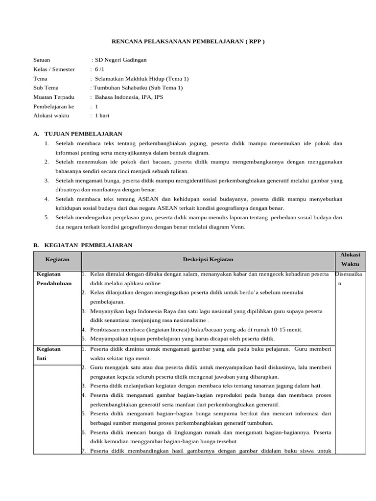 RPP Daring Kelas 6 Tema 1 ST 1 | PDF