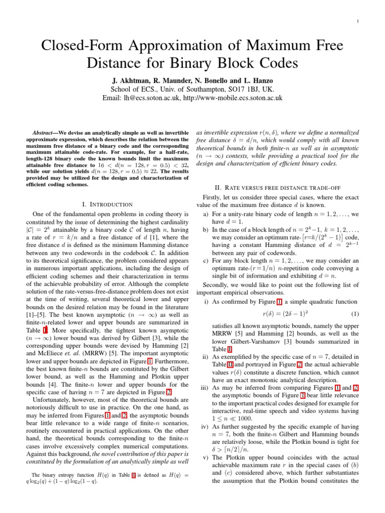 Closed-Form Approximation of Maximum Free Distance For Binary Block Codes | PDF | Applied ...