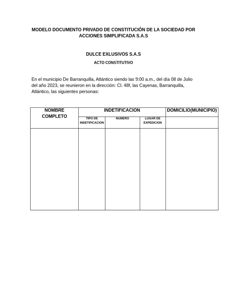 Modelo Documento Privado de Constitución de La Sociedad Por Acciones Simplificada S | PDF