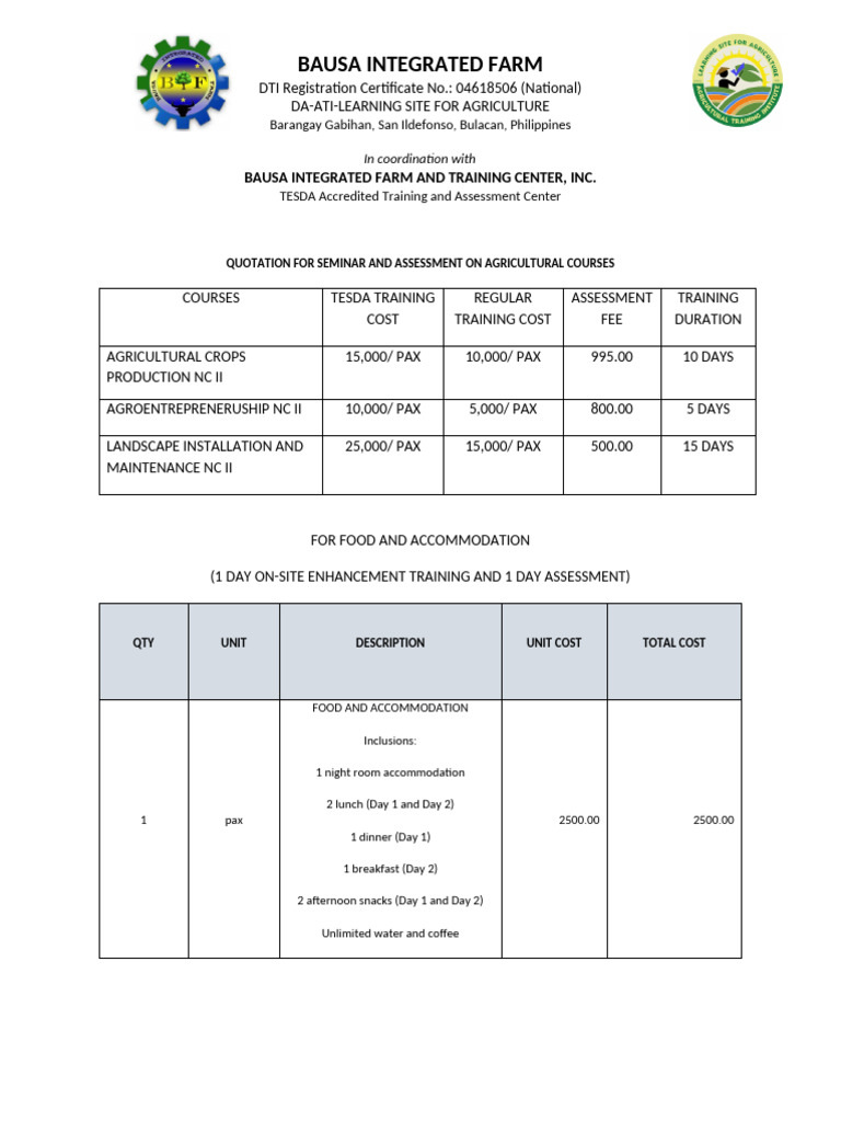 Quotation For Seminar and Assessment On Agricultural Courses | PDF