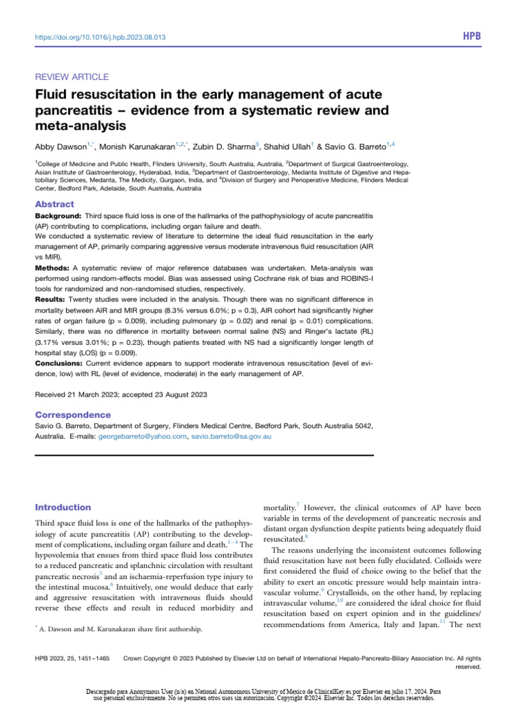 Fluid resuscitation in the early management of acute pancreatitis ...
