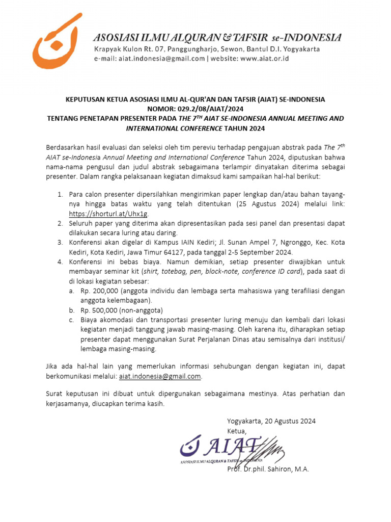 Keputusan Presenter AIAT 2024 | PDF