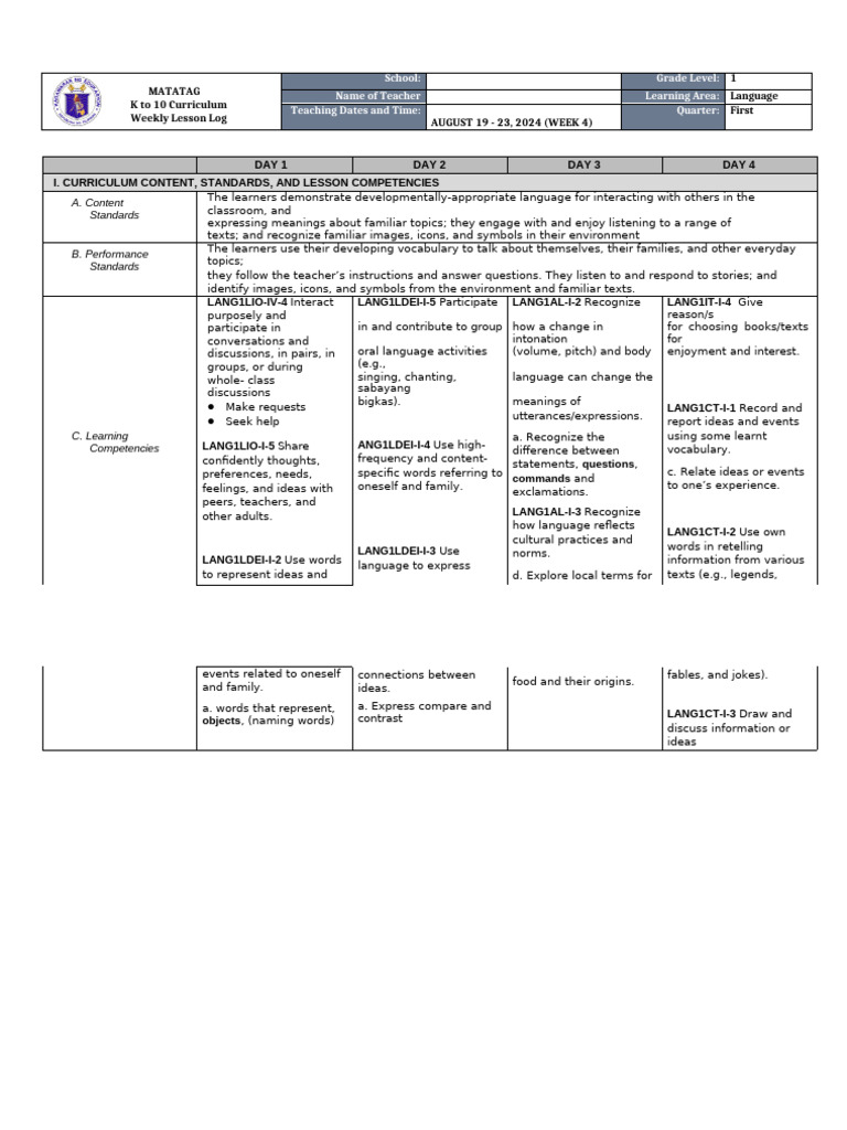 DLL Matatag Language 1 q1 w4 | PDF