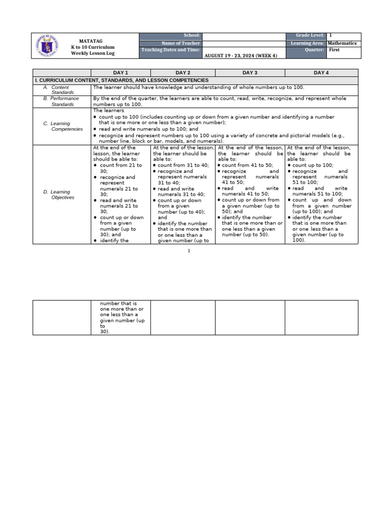 Dll Matatag Mathematics 1 q1 w4 | PDF