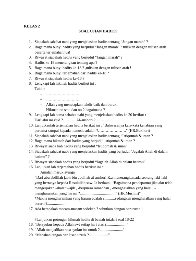 Soal PAT Hadits Kelas 2 2023_2024 | PDF