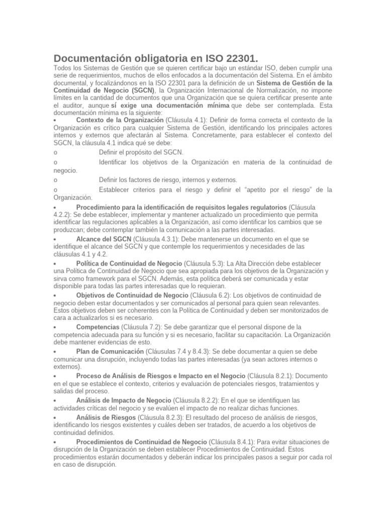 Documentación Obligatoria en ISO 22301 | PDF