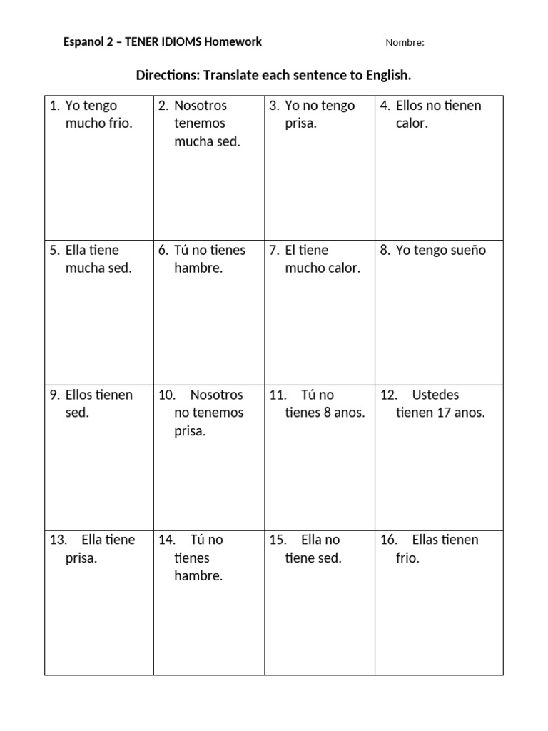 HW - Tener Idioms | PDF
