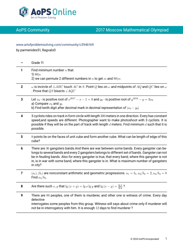 Aops Community 2017 Moscow Mathematical Olympiad | PDF