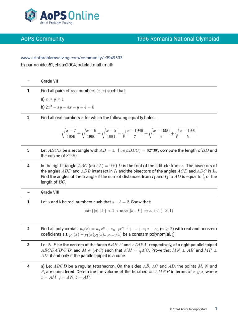Aops Community 1996 Romania National Olympiad | PDF