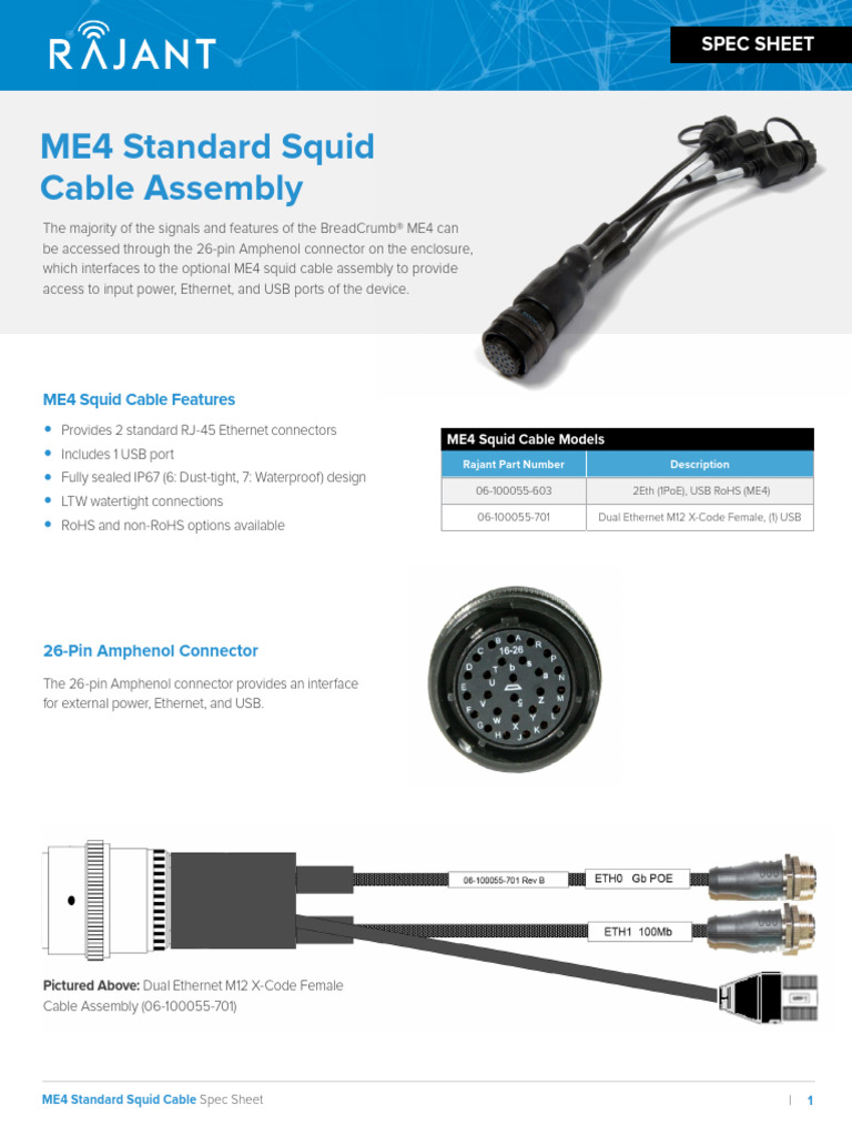 Rajant SpecSheet ME4 Squid Cable 110817 | PDF