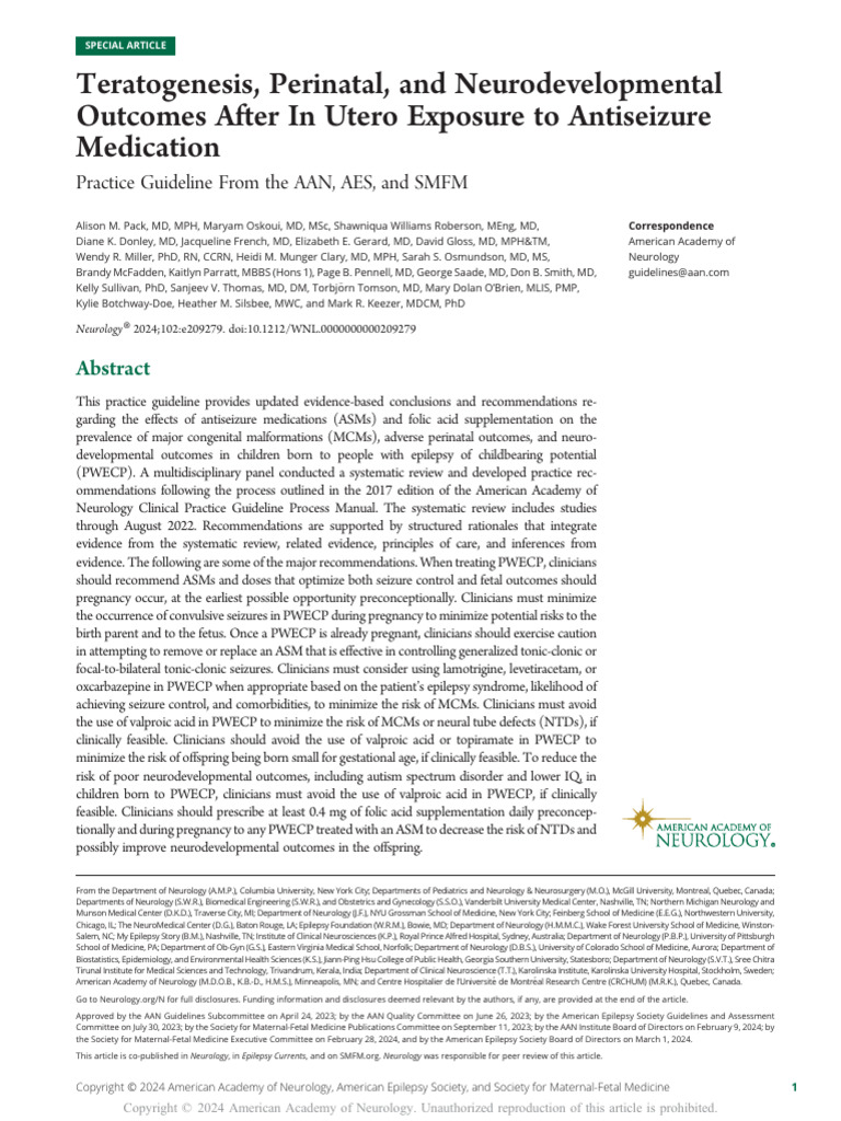 Teratogenesis, Perinatal, and Neurodevelopmental Outcomes After in Utero Exposure To Antiseizure ...