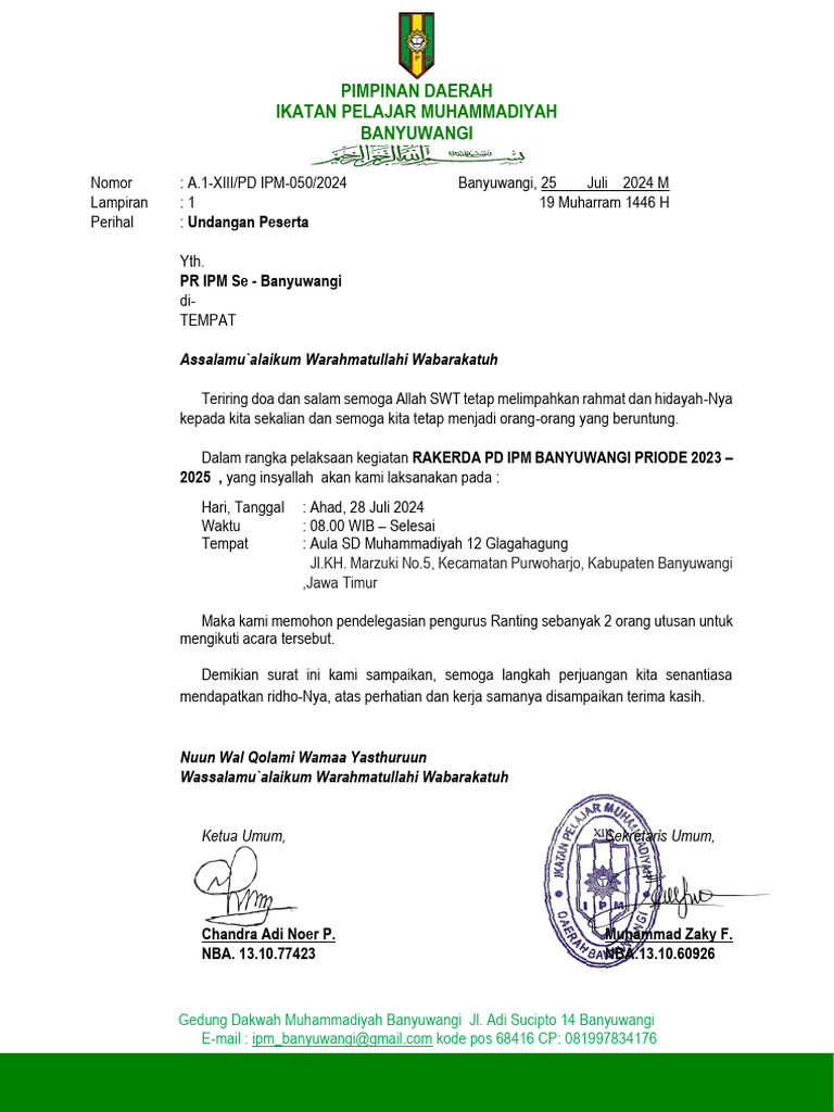 SURAT UNDANGAN PR IPM RAKERDA PD IPM BANYUWANGI 2023-2025 | PDF