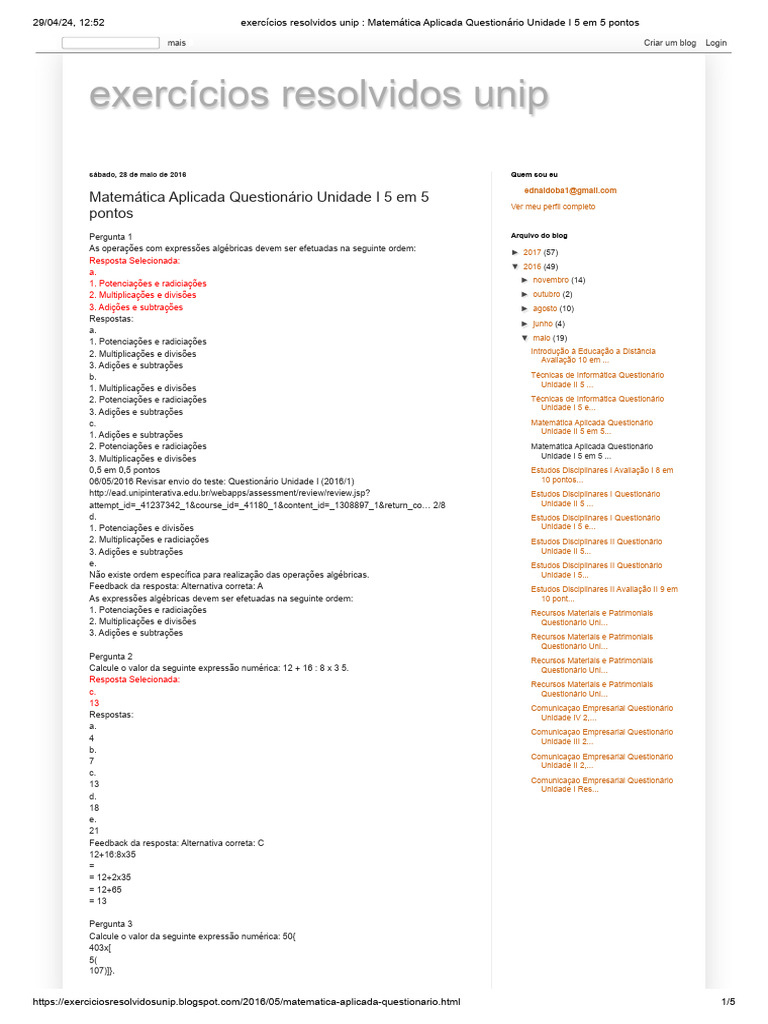 Exercícios Resolvidos Unip | PDF