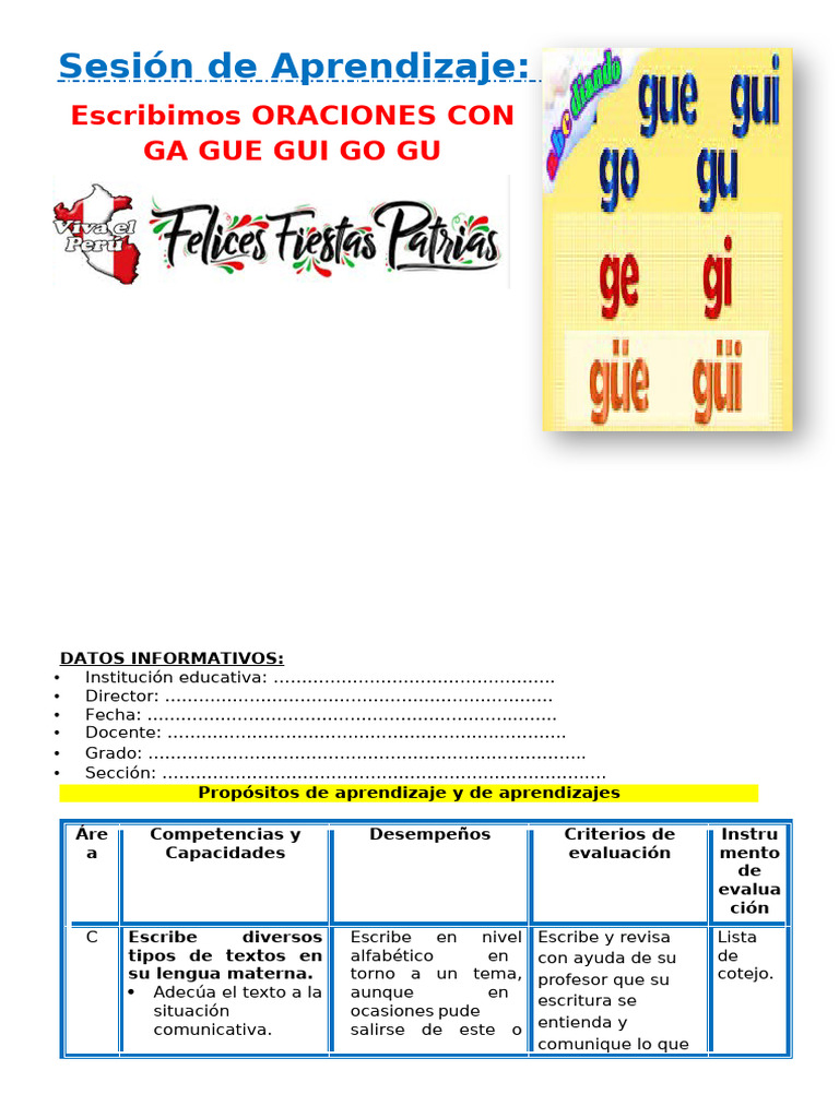 1° SESIÓN DÍA 5 COM ESCRIBIMOS ORACIONES CON LAS SÍLABRAS GA GUE GUI GO ...