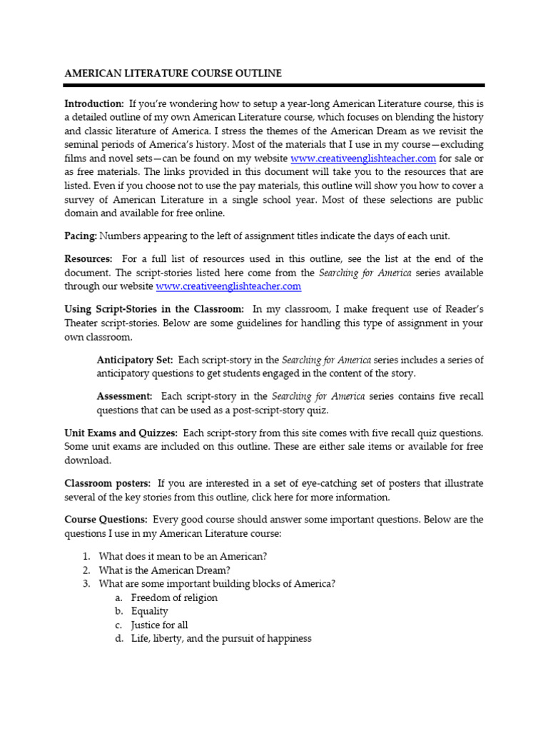 Sample American Literature Course Outline Updated 2024 | PDF