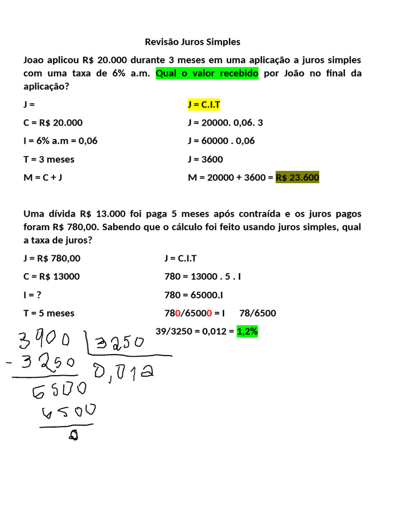 Revisão Juros Simples | PDF