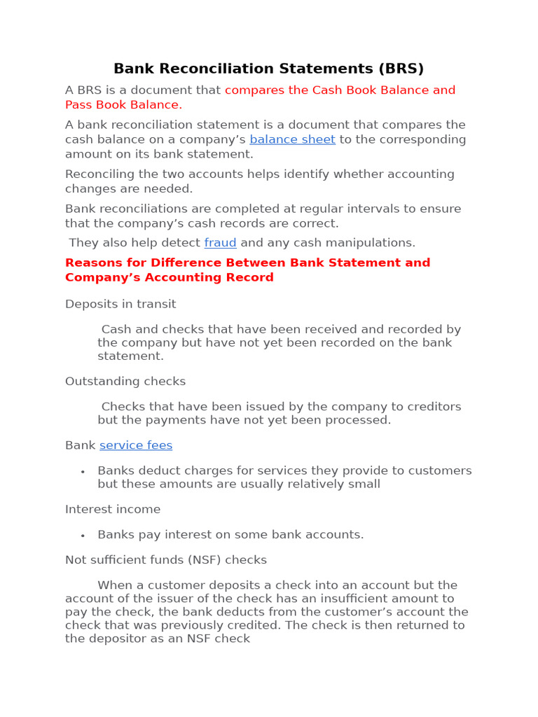 Bank Reconciliation Statements (BRS) : Balance Sheet | PDF