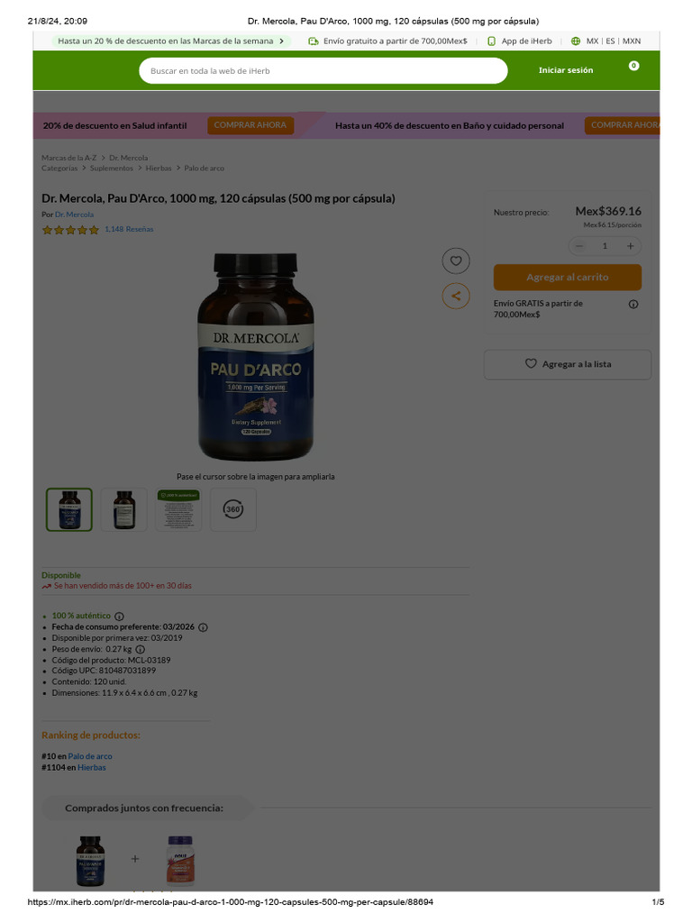 Dr. Mercola, Pau D'Arco, 1000 MG, 120 Cápsulas (500 MG Por Cápsula) | PDF