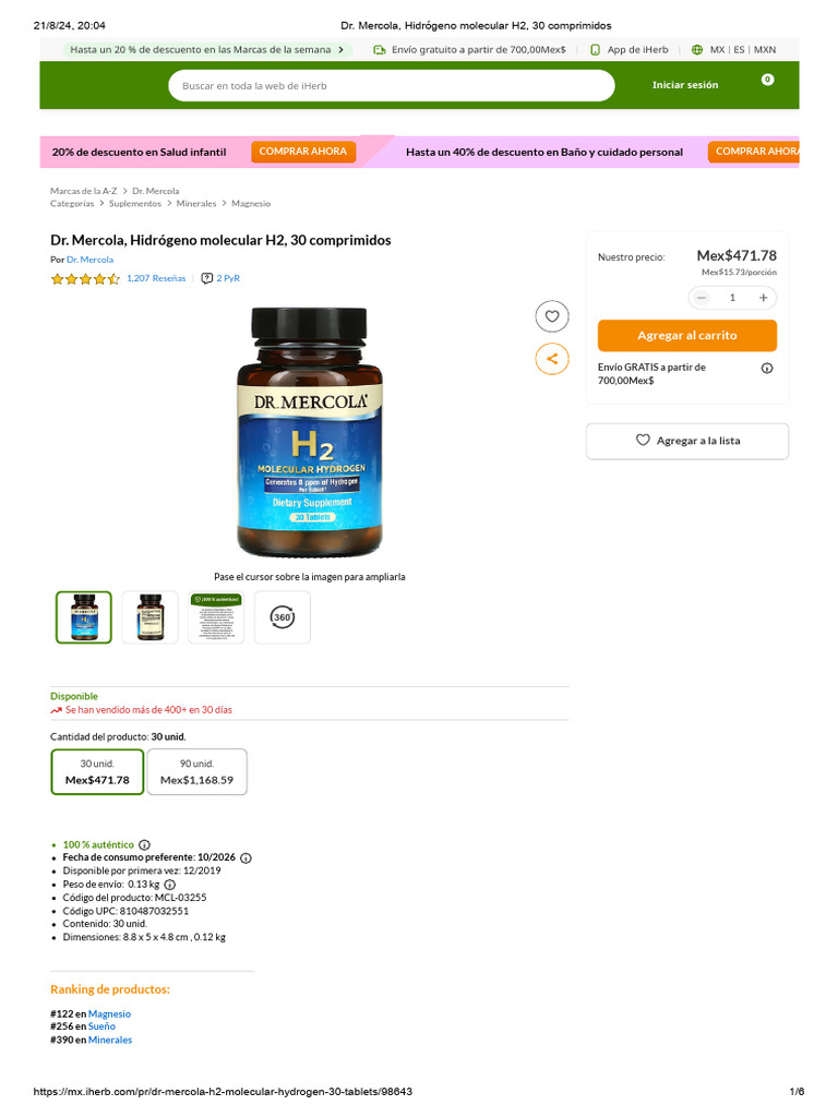 Dr. Mercola, Hidrógeno Molecular H2, 30 Comprimidos | PDF