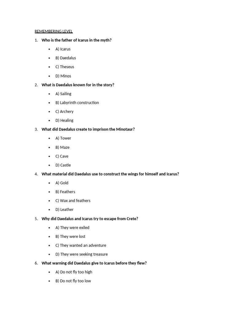 Sample Test Items On Daedalus and Icarus | PDF