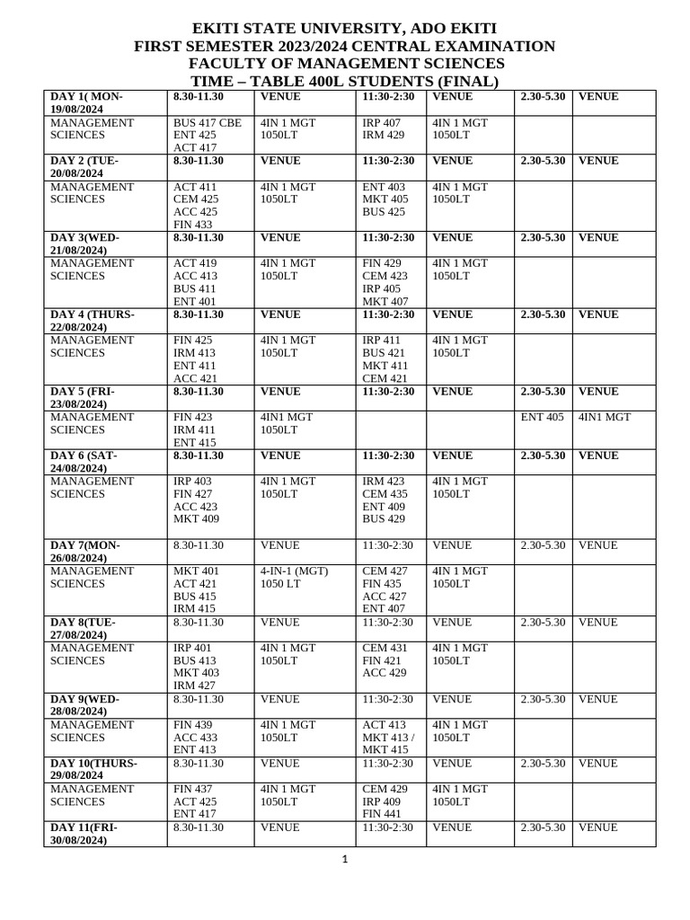 2024 MGT Sci 400L Time Table First Sem 2023 2024 Session Final | PDF