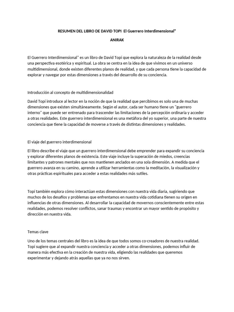 RESUMEN DEL LIBRO DE DAVID TOPI El Guerrero Interdimensional | PDF