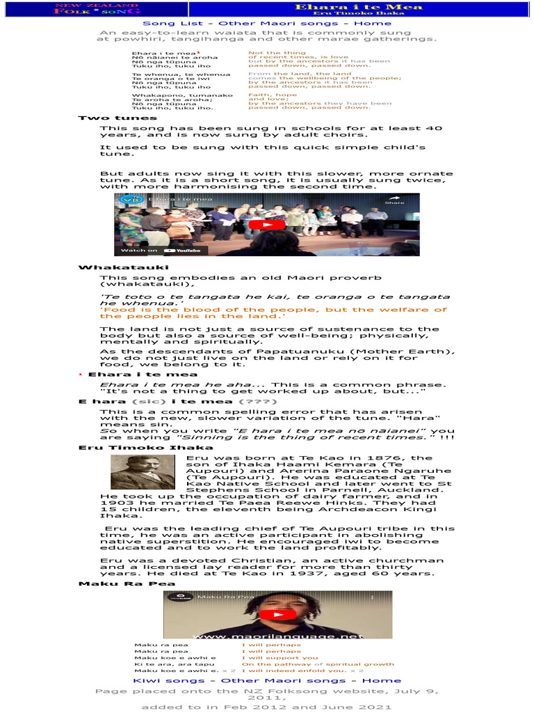 NZ Folk Song Ehara e Te Mea | PDF