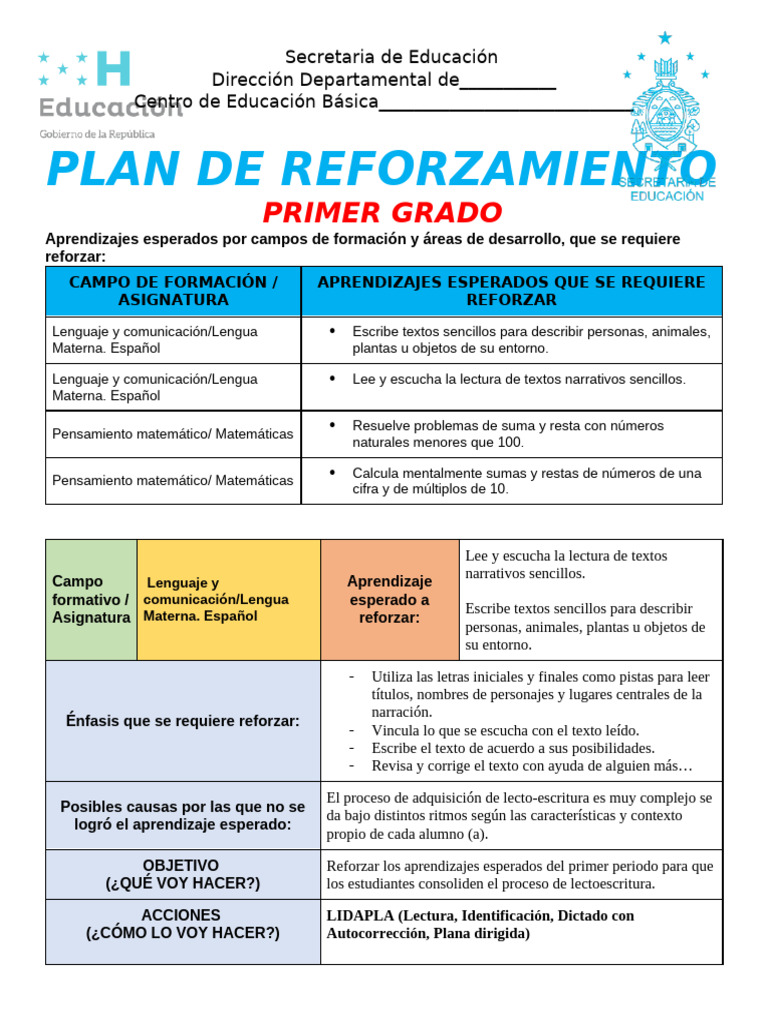 Plan De Reforzamiento Primer Grado Pdf