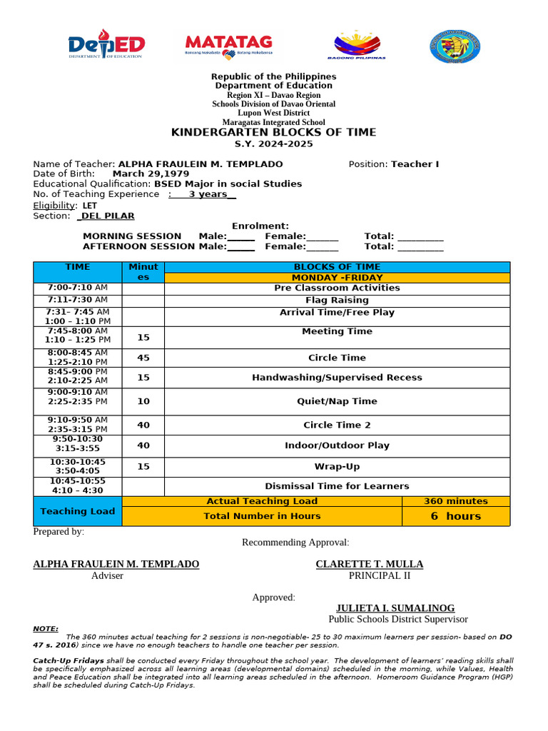 Kindergarten Blocks of Time For Two Sessions 1 | PDF