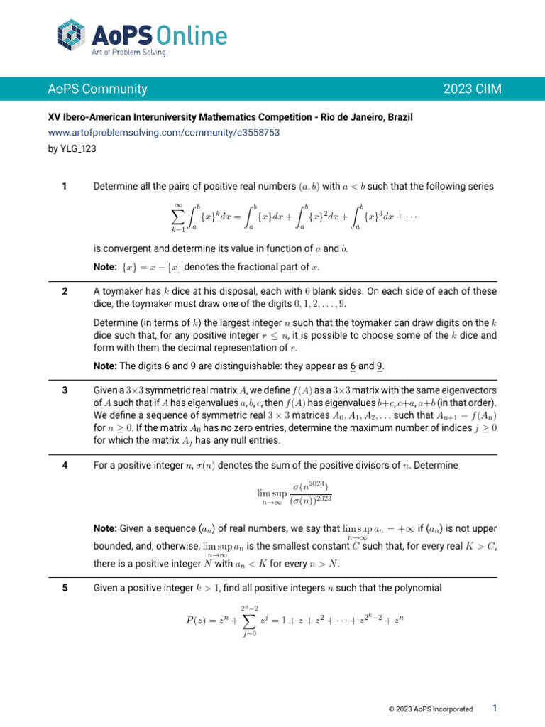 Aops Community 2023 Ciim: XV Ibero-American Interuniversity Mathematics ...