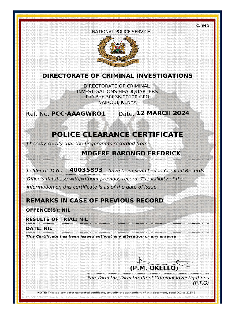 Pcc-Aaagwra1-Police Clearance Certificate (Adult) PN N I L | PDF