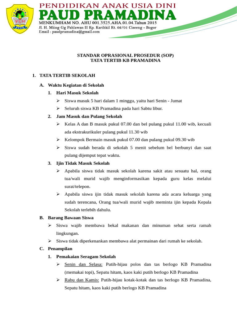 SOP TATA TERTIB SISWA PAUD TK KB | PDF